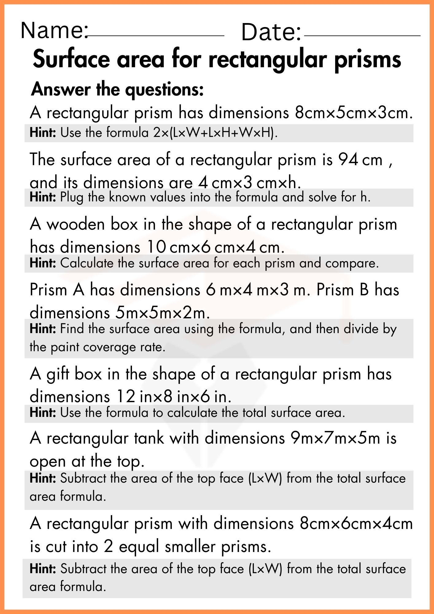 Surface area worksheets for rectangular prisms