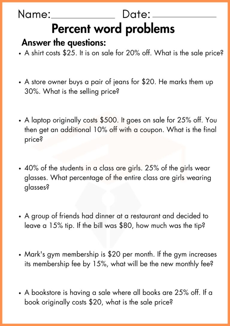 Percent word problems worksheets