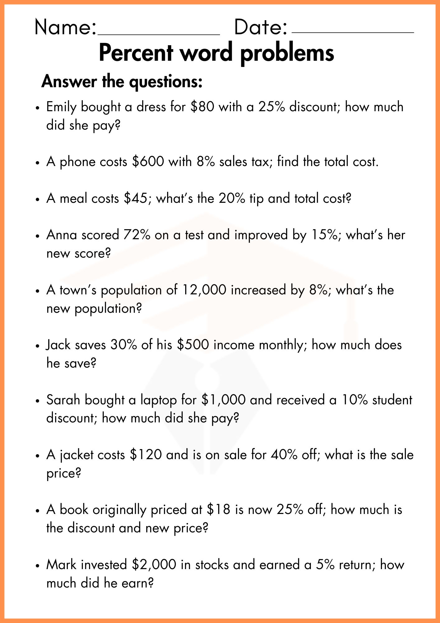 Percent word problems worksheets