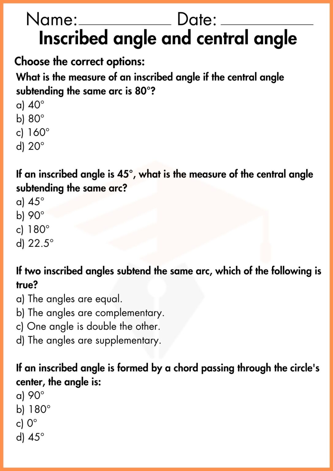 Inscribed Angle and central angle worksheets