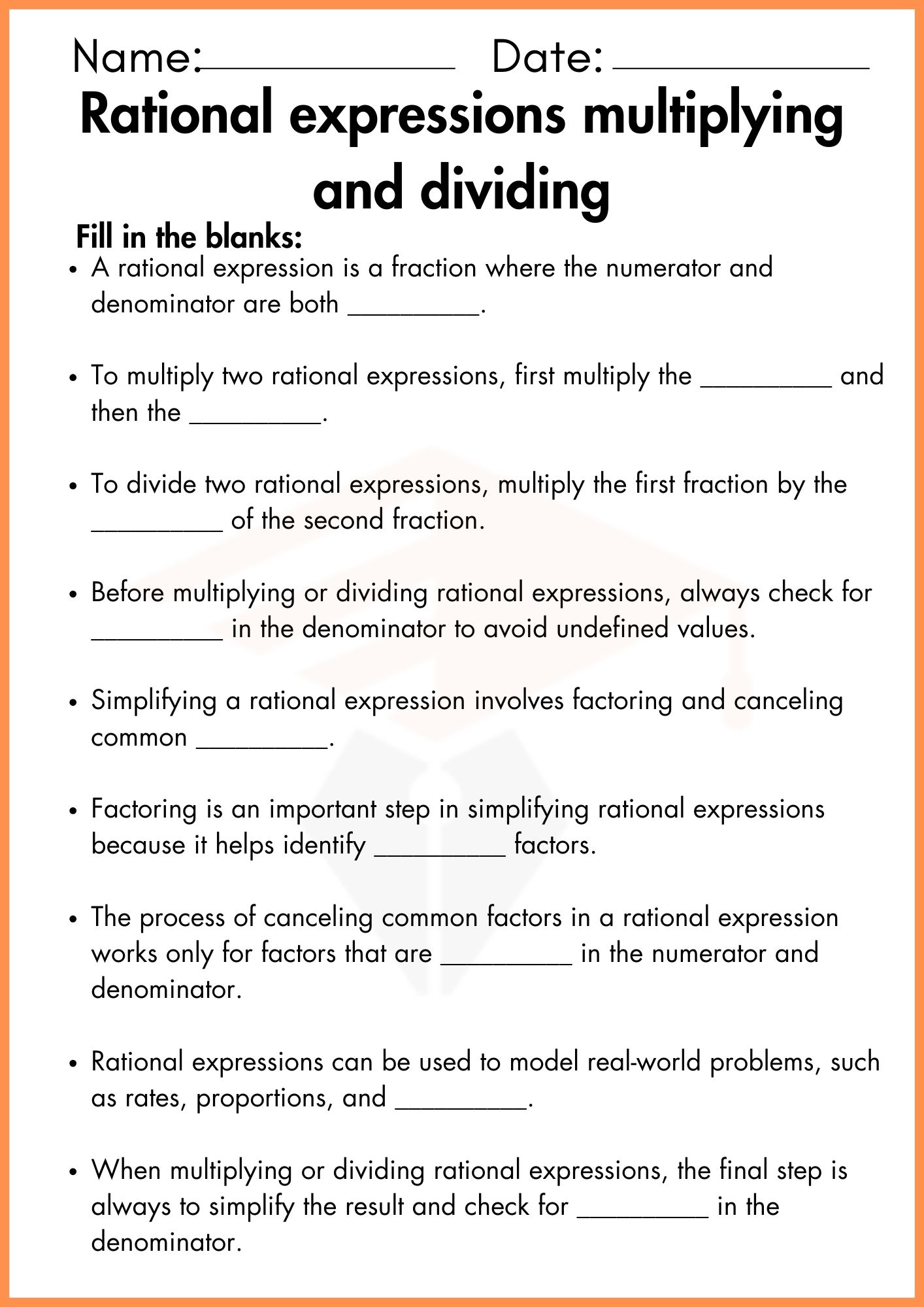 Rational Expressions multiplying and dividing worksheets