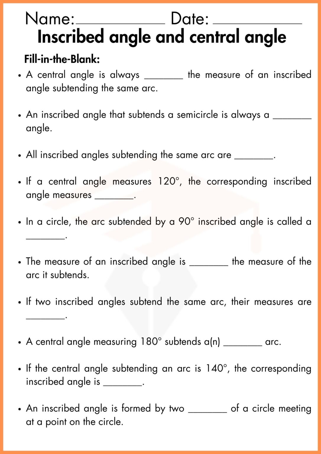 Inscribed Angle and central angle worksheets