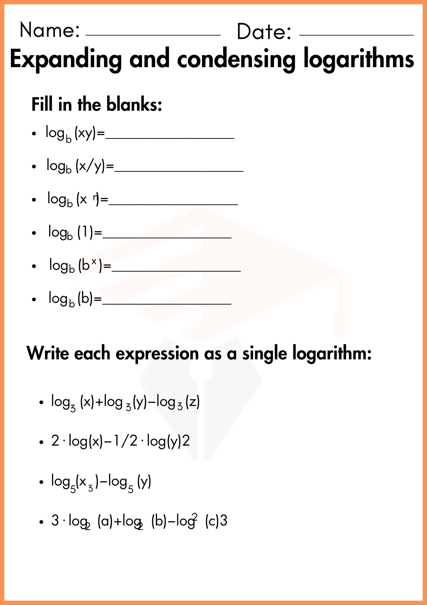 Expanding and condensing logarithms worksheets