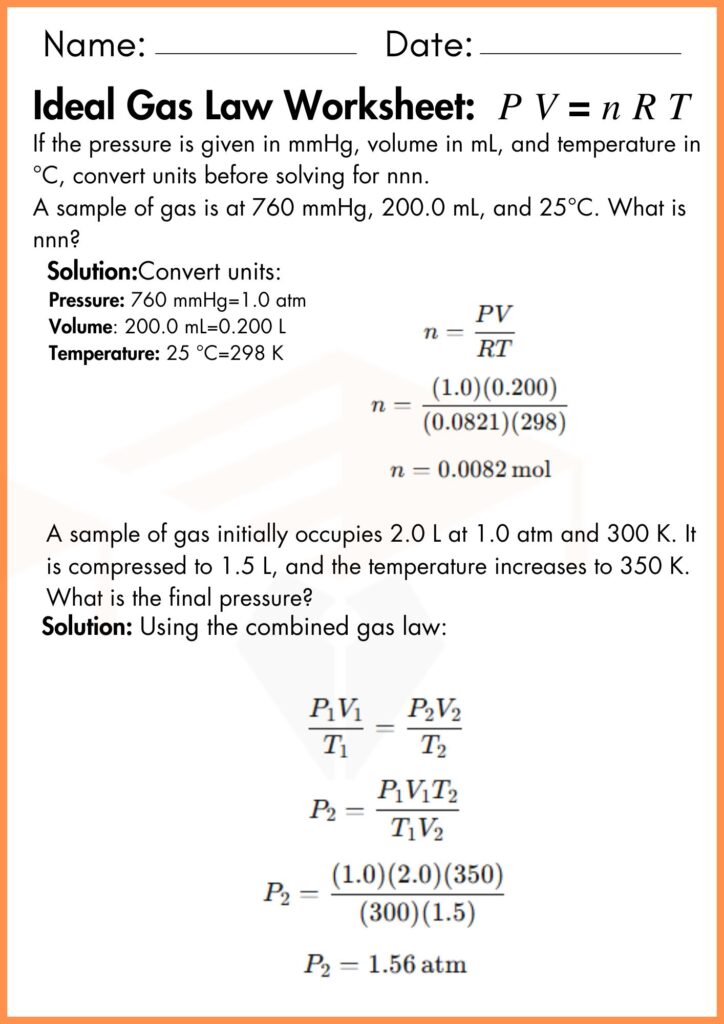Ideal Gas Law Worksheets: 𝑃 𝑉 = 𝑛 𝑅 𝑇