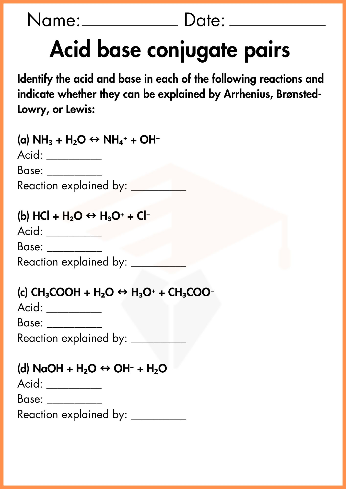 Acid Base Conjugate Pairs Worksheet