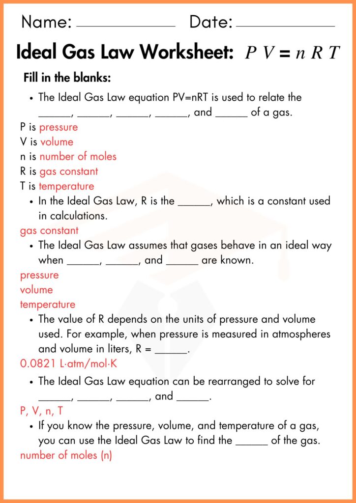 Ideal Gas Law Worksheets: 𝑃 𝑉 = 𝑛 𝑅 𝑇
