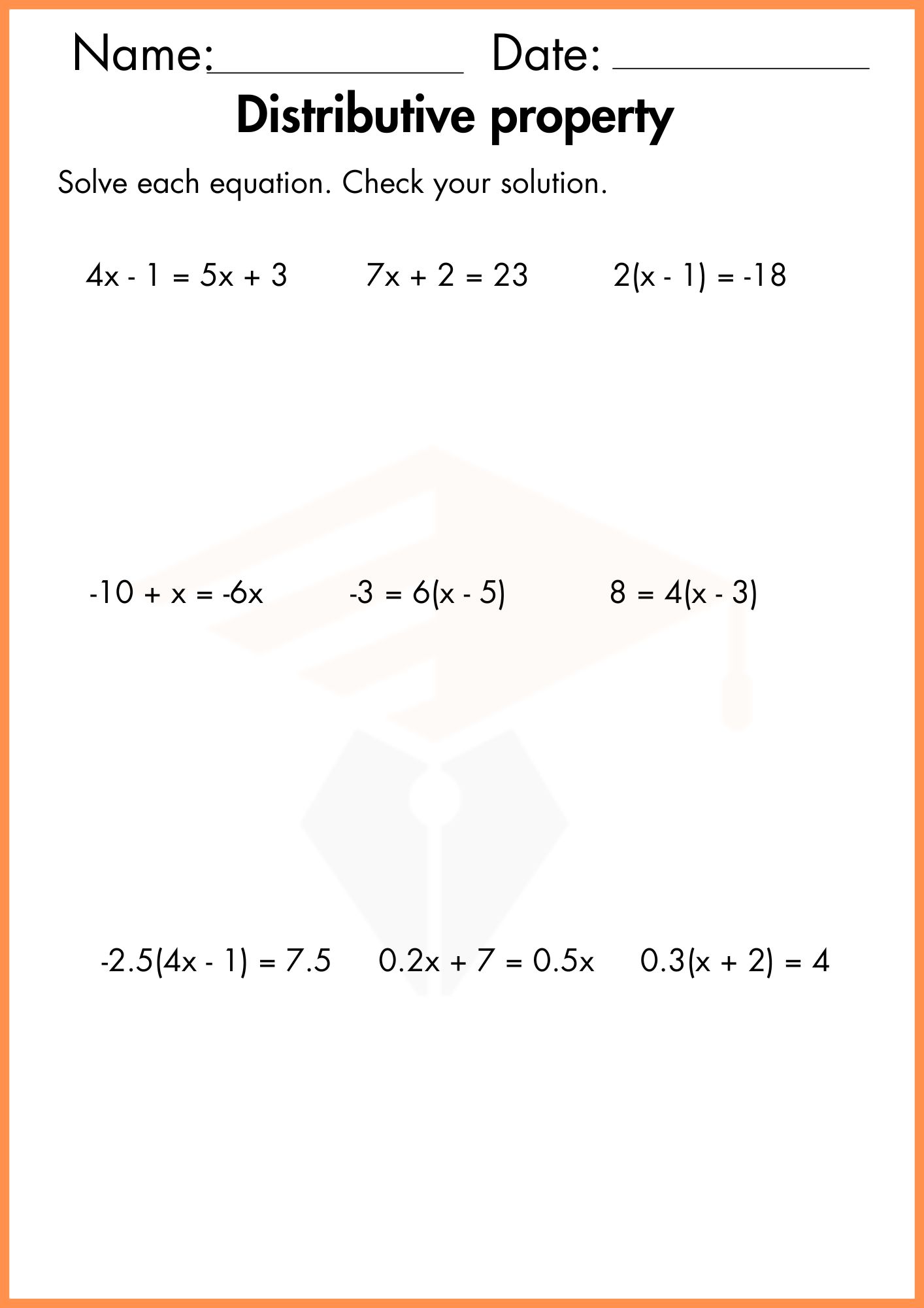 Solving equations with distributive Property worksheets