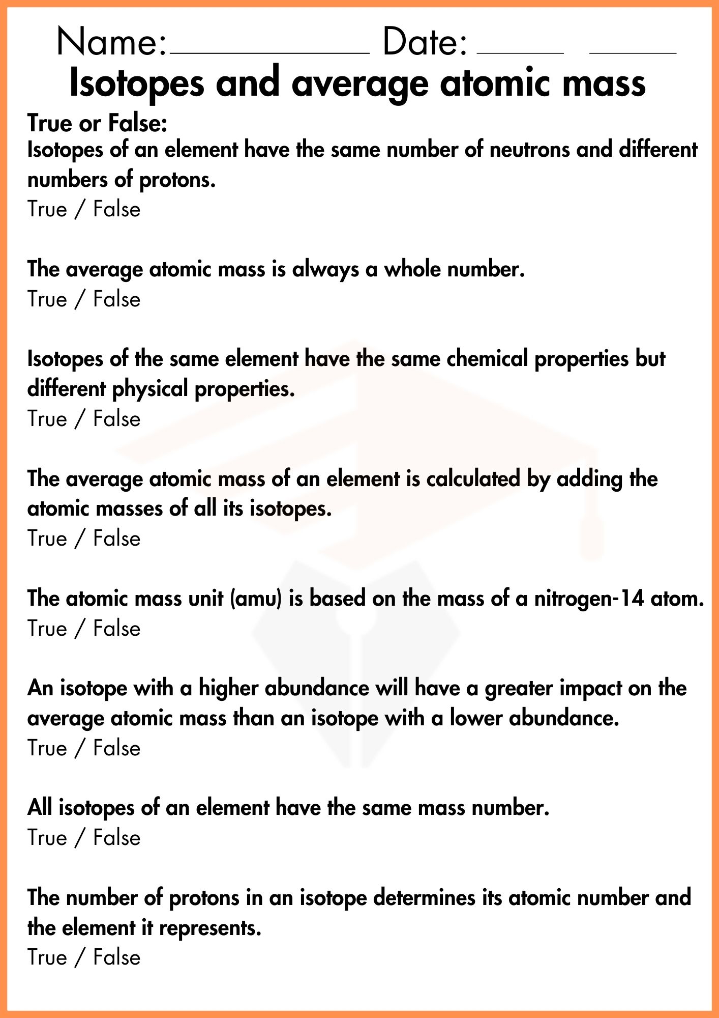 Isotopes and average atomic mass worksheets