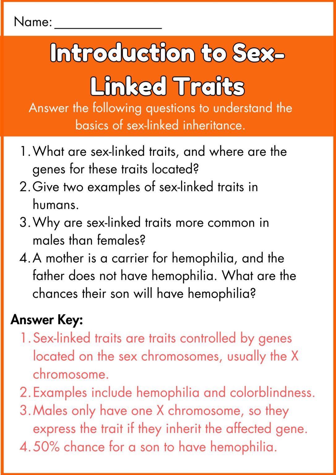 Sex Linked Traits Worksheet With Answer Key