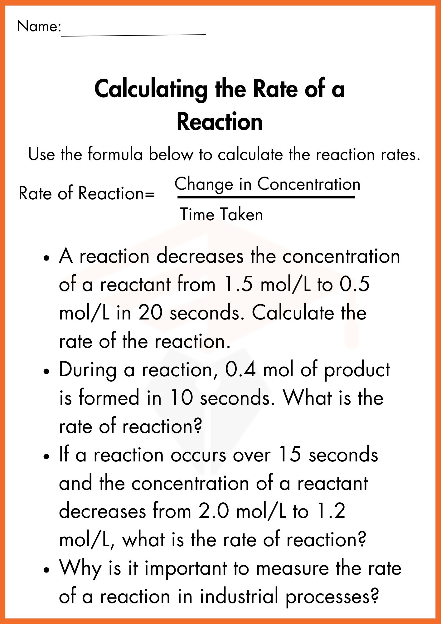 Rates of Reaction Worksheets