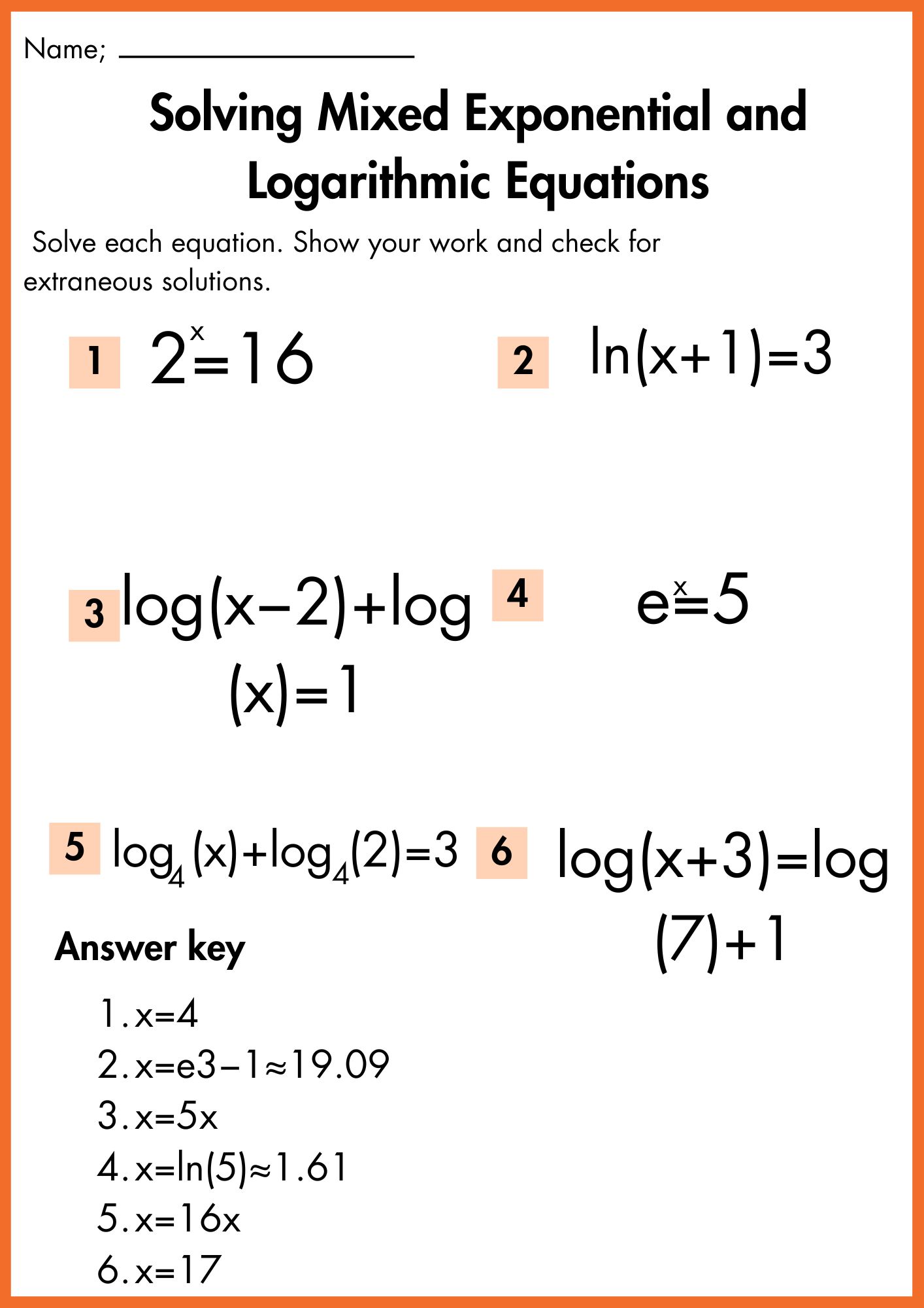 Solving Exponential and Logarithmic Equations Worksheets With Answers