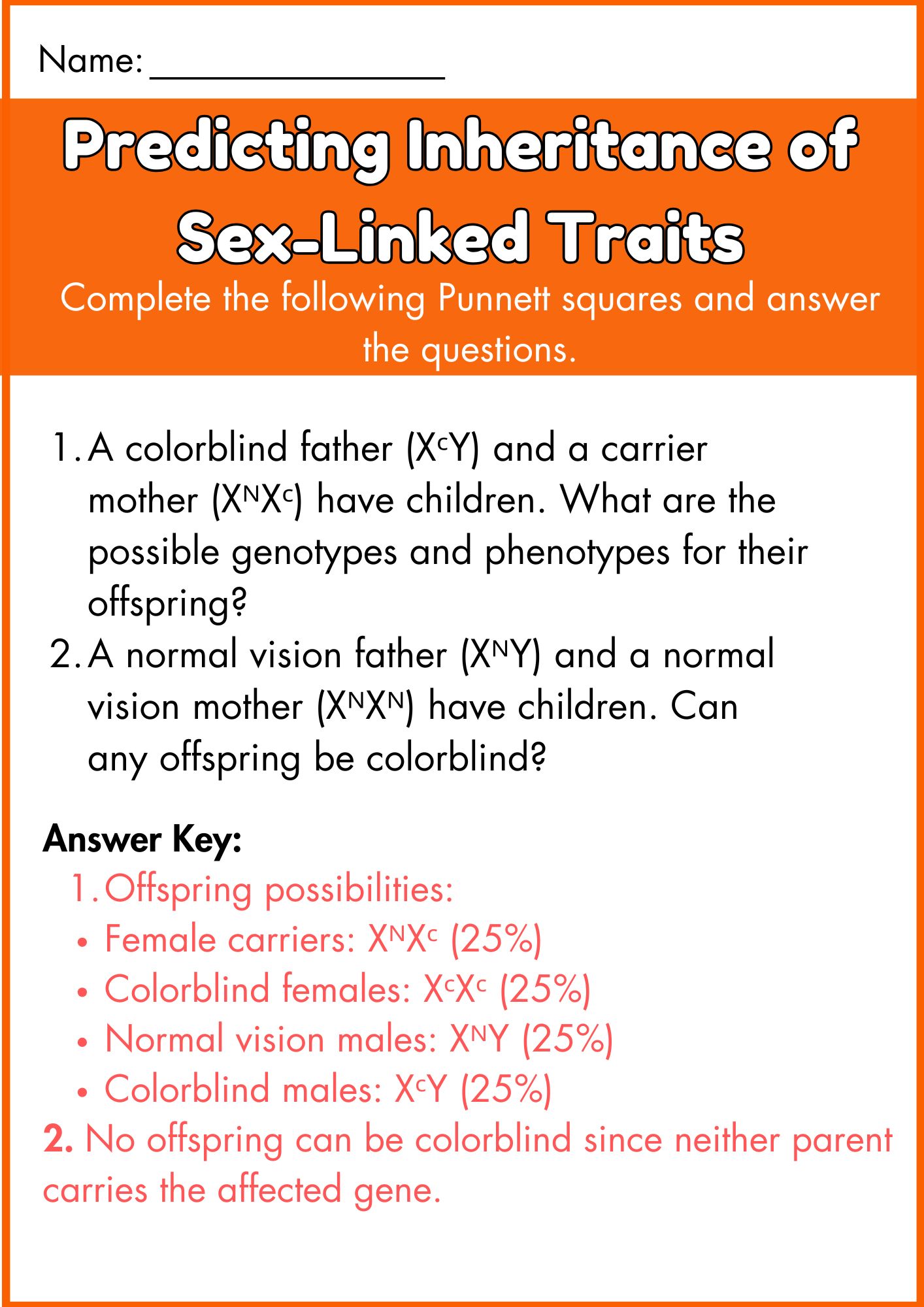 Sex Linked Traits Worksheet With Answer Key